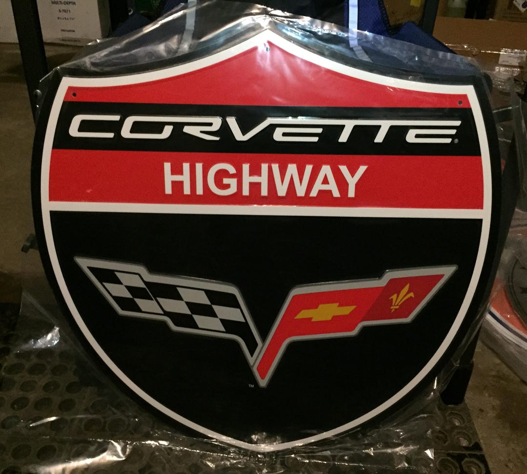 24” Corvette Highway Checkered Flags Retro Style Shield Tin Sign - Garage Decor Art - Etsy