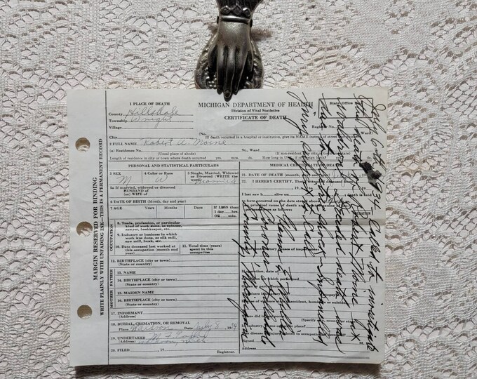Antique Death Certificate. 1934. Michigan. Note From Coroner. Cause of ...
