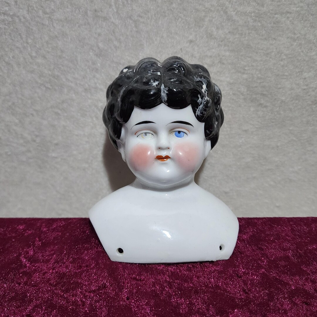 Victorian, German China Head Doll. Bust. Low Brow With Black Hair ...