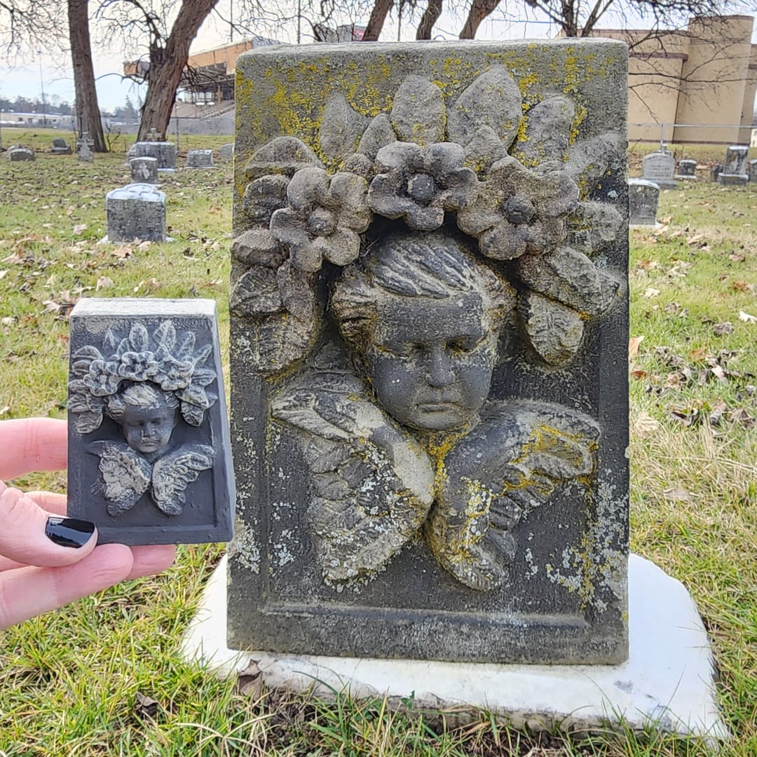 3D Printed Grave Marker! A Duplicate of a Real Life Headstone With a Cherub, Wings and Flowers ...
