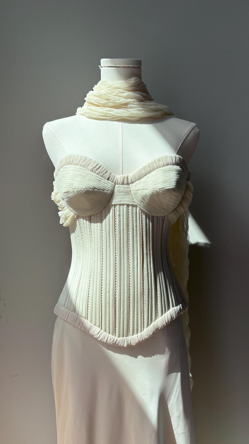 Ivory Basque Waist Bustier Wedding Corset With Overlayed Scarf and Silk ...