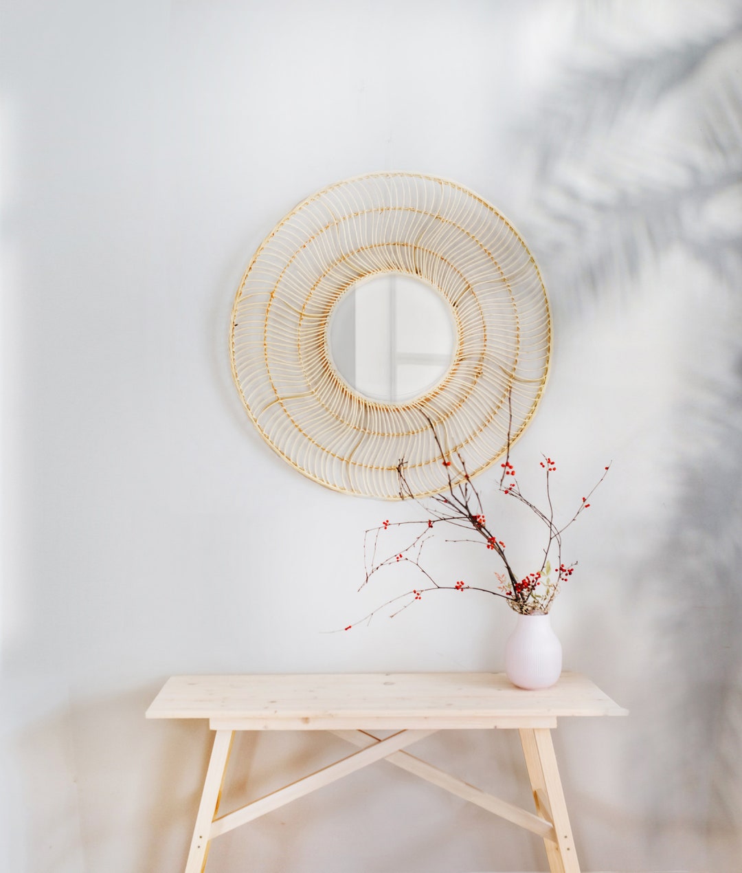 Large Mirror Wall Art, Round Rattan Mirror, Natural Rattan Mirror ...