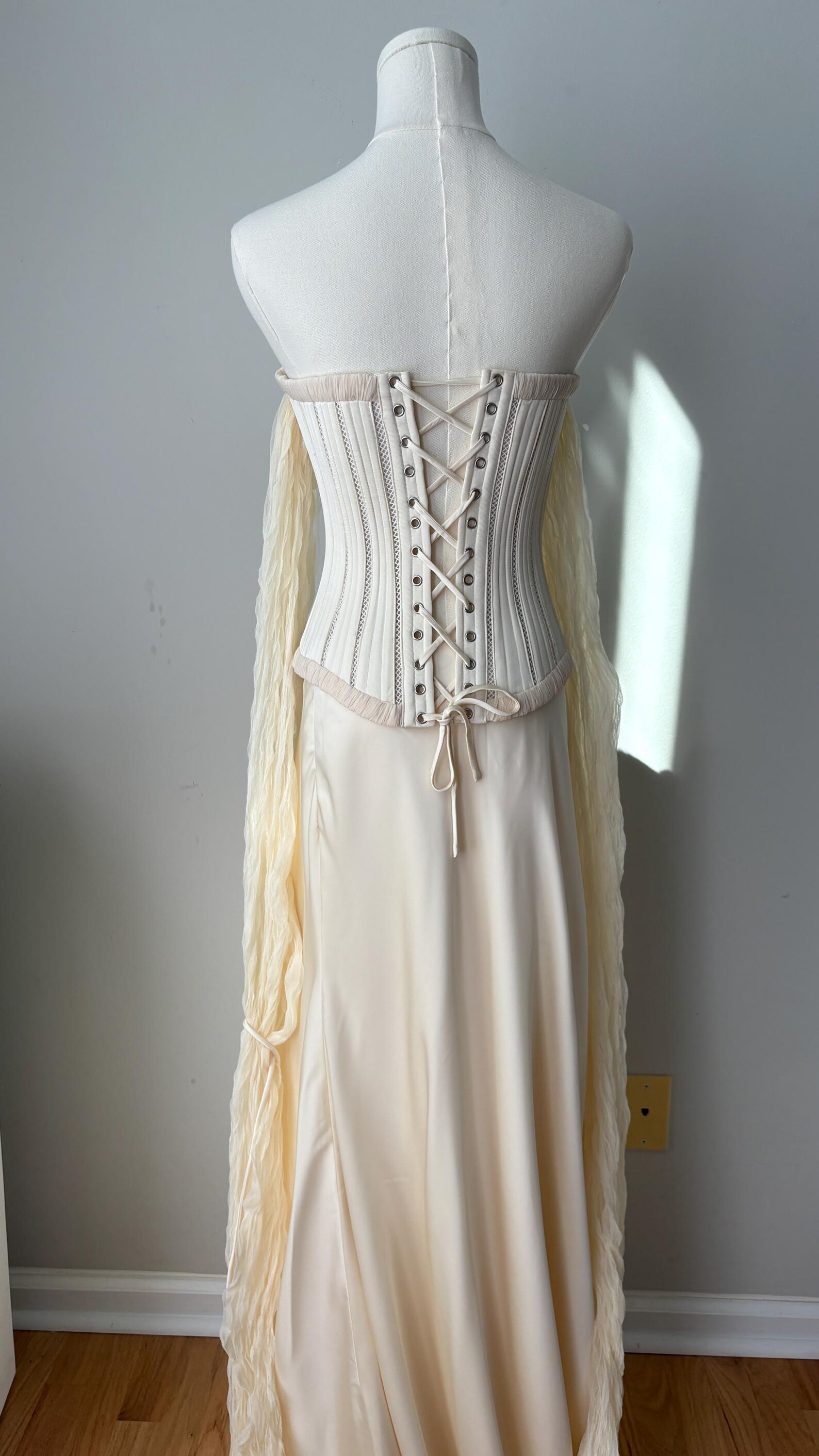 Ivory Basque Waist Bustier Wedding Corset With Overlayed Scarf and Silk ...