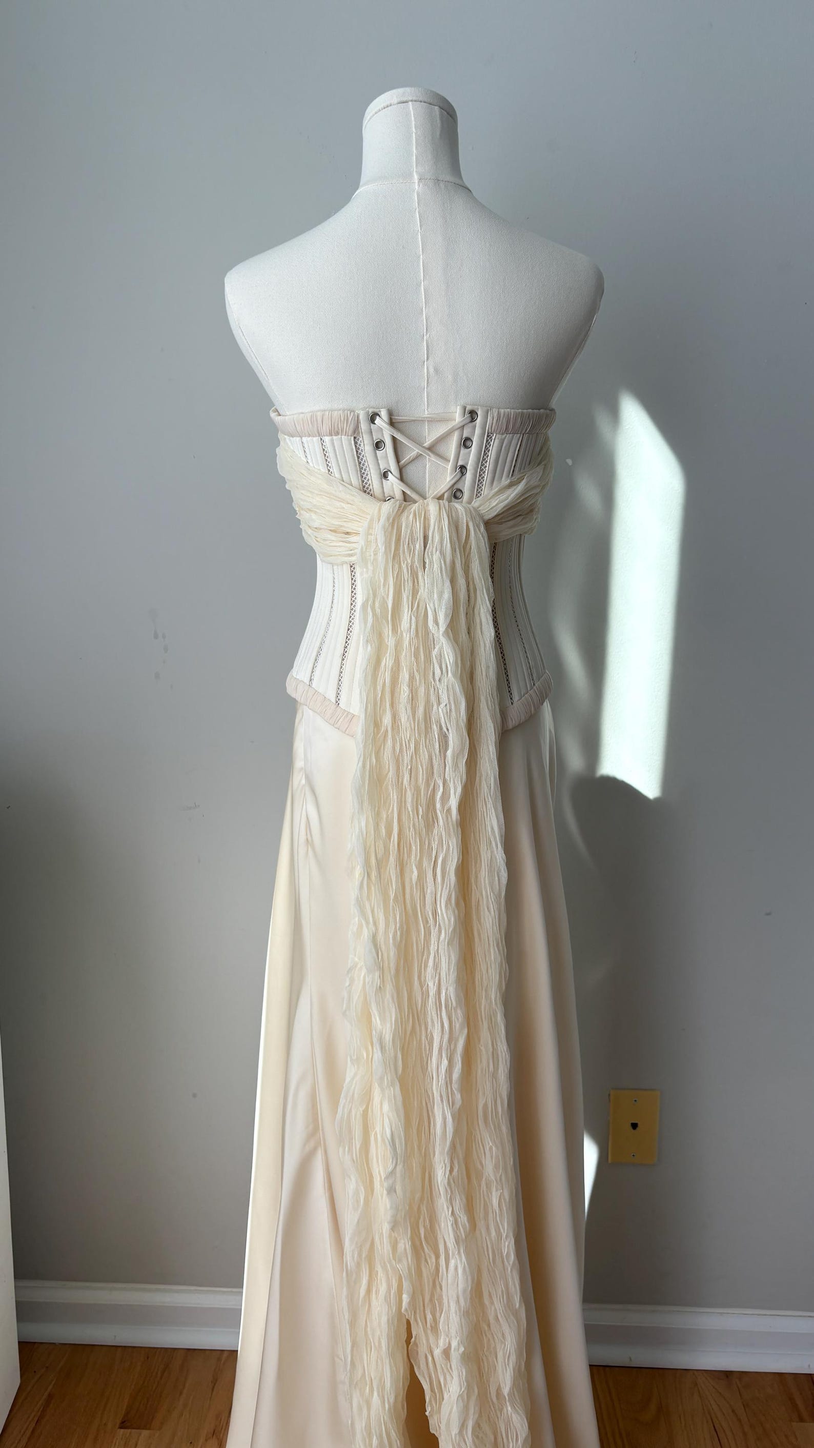 Ivory Basque Waist Bustier Wedding Corset With Overlayed Scarf and Silk ...