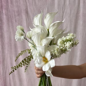 All White Calla Lily and Tulip Wedding Bouquet, Realistic White Bridal ...