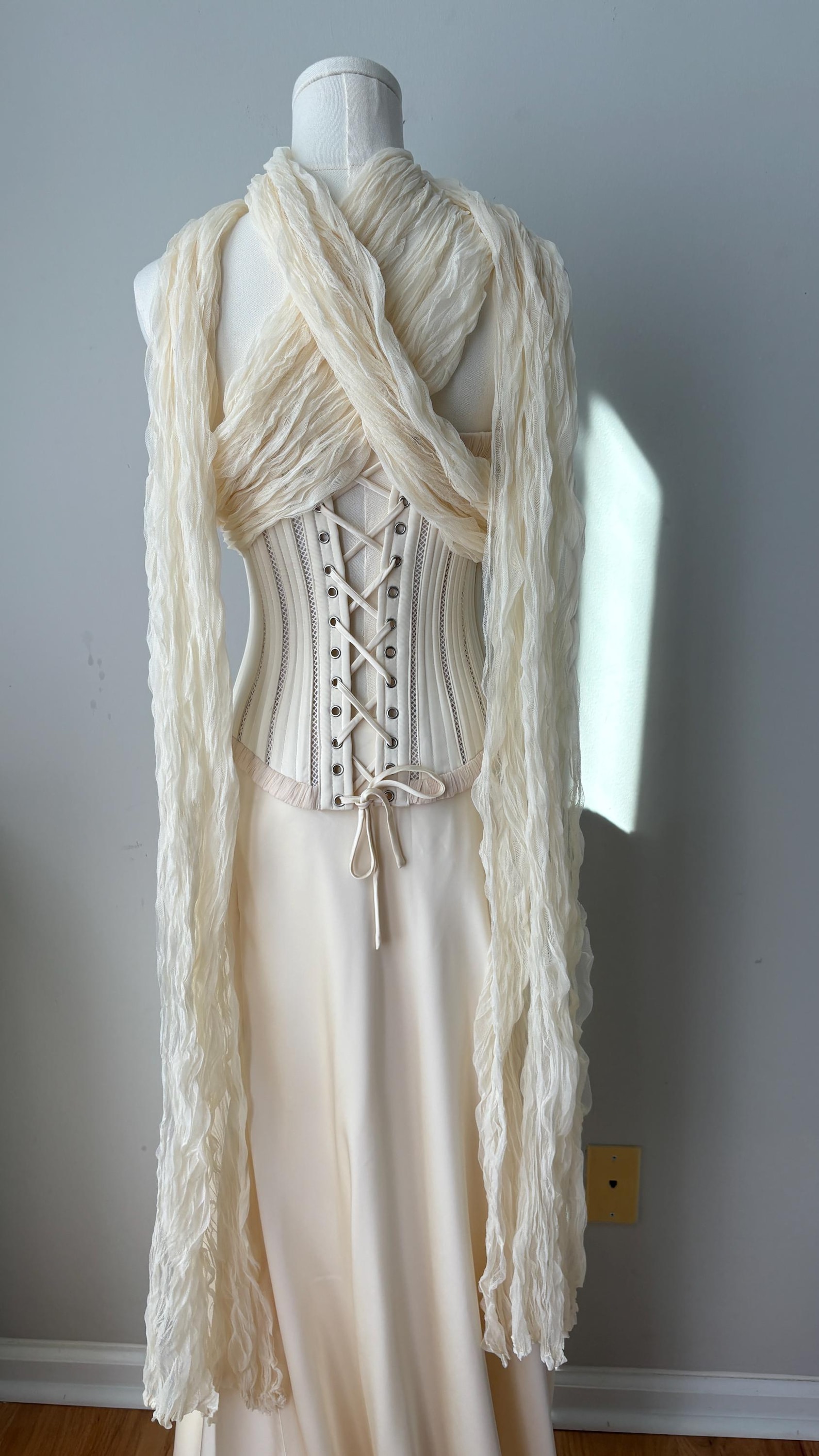 Ivory Basque Waist Bustier Wedding Corset With Overlayed Scarf and Silk ...