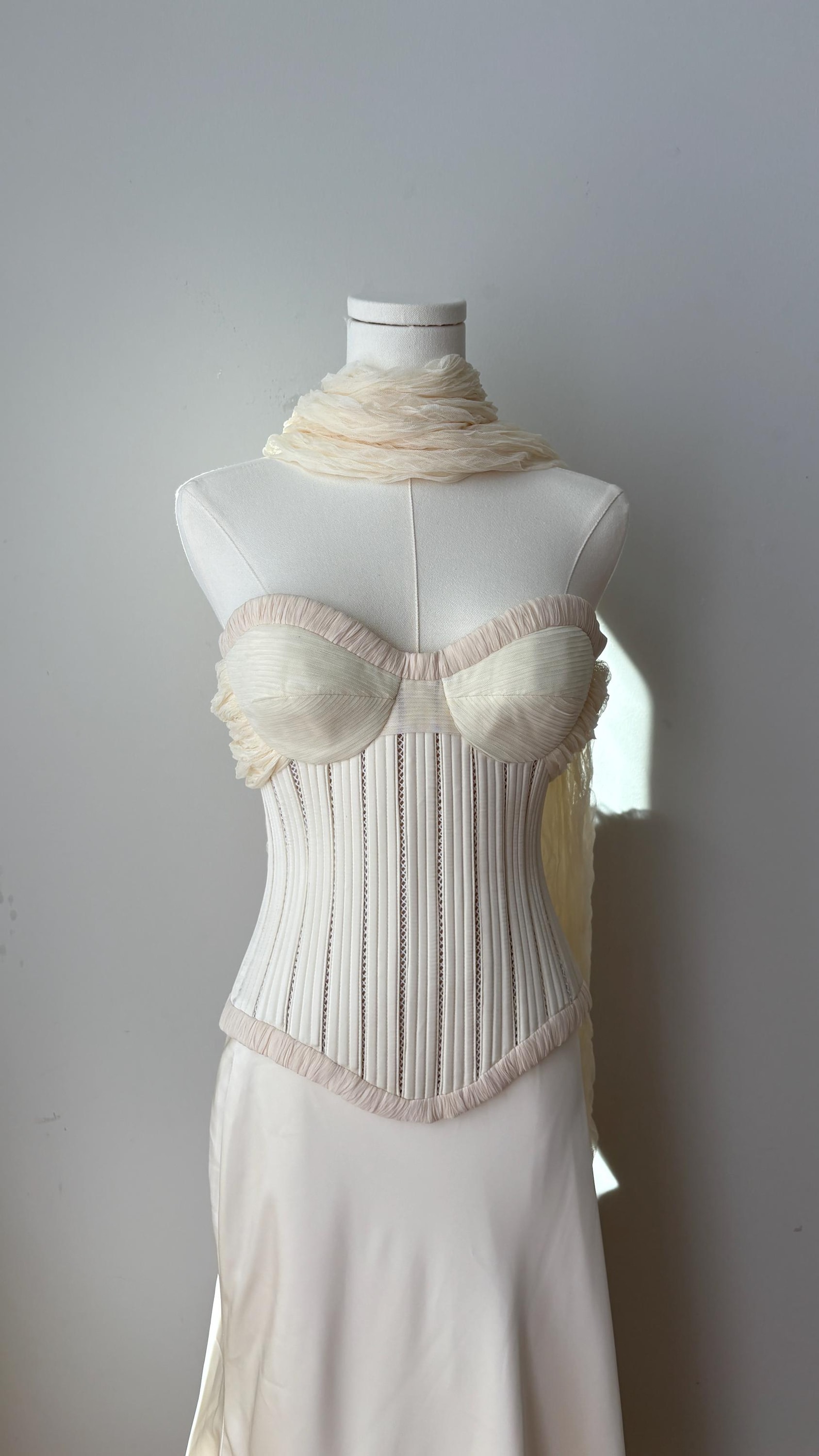 Ivory Basque Waist Bustier Wedding Corset With Overlayed Scarf and Silk ...