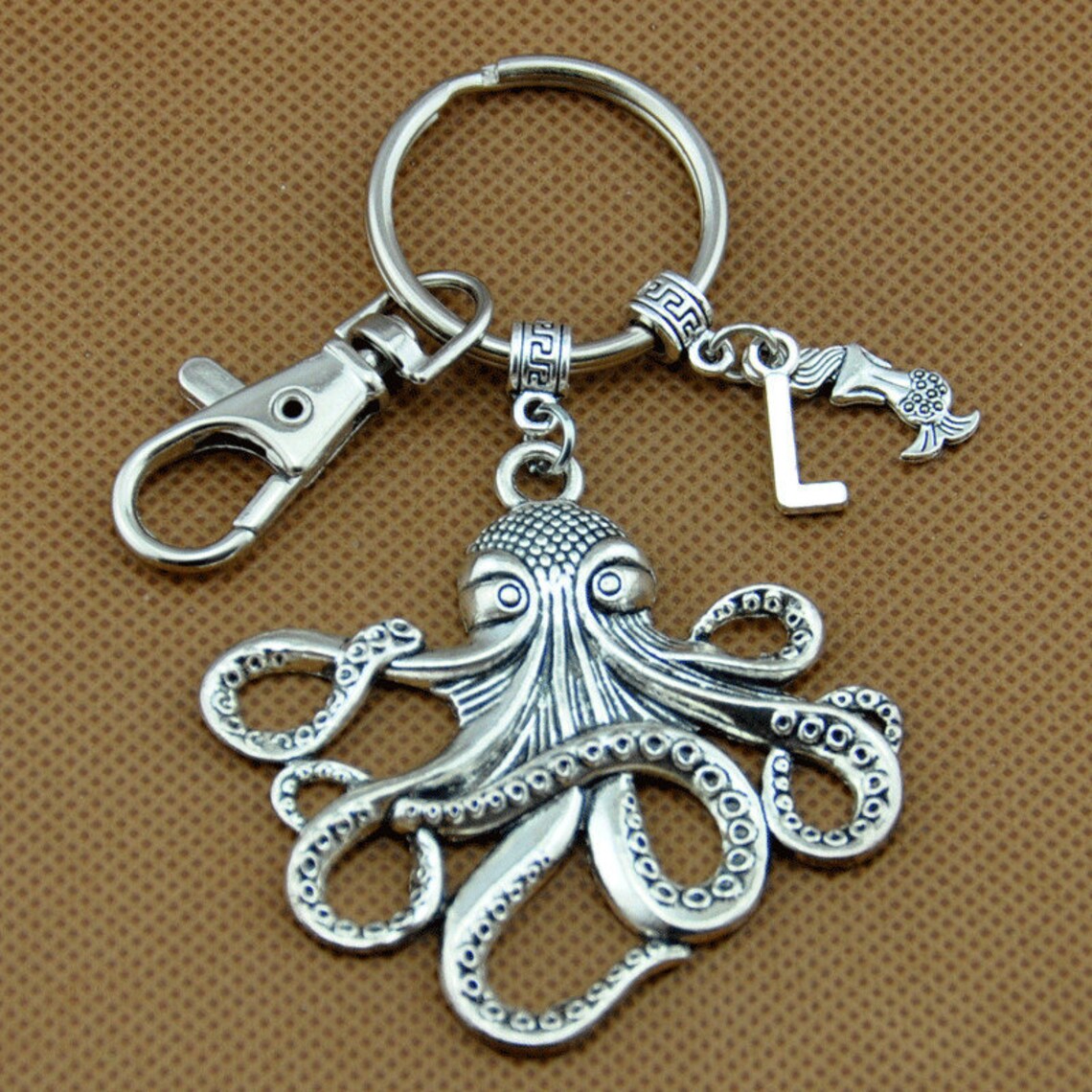 Antique Silver Octopus Keychain Purse Charm Initial | Etsy