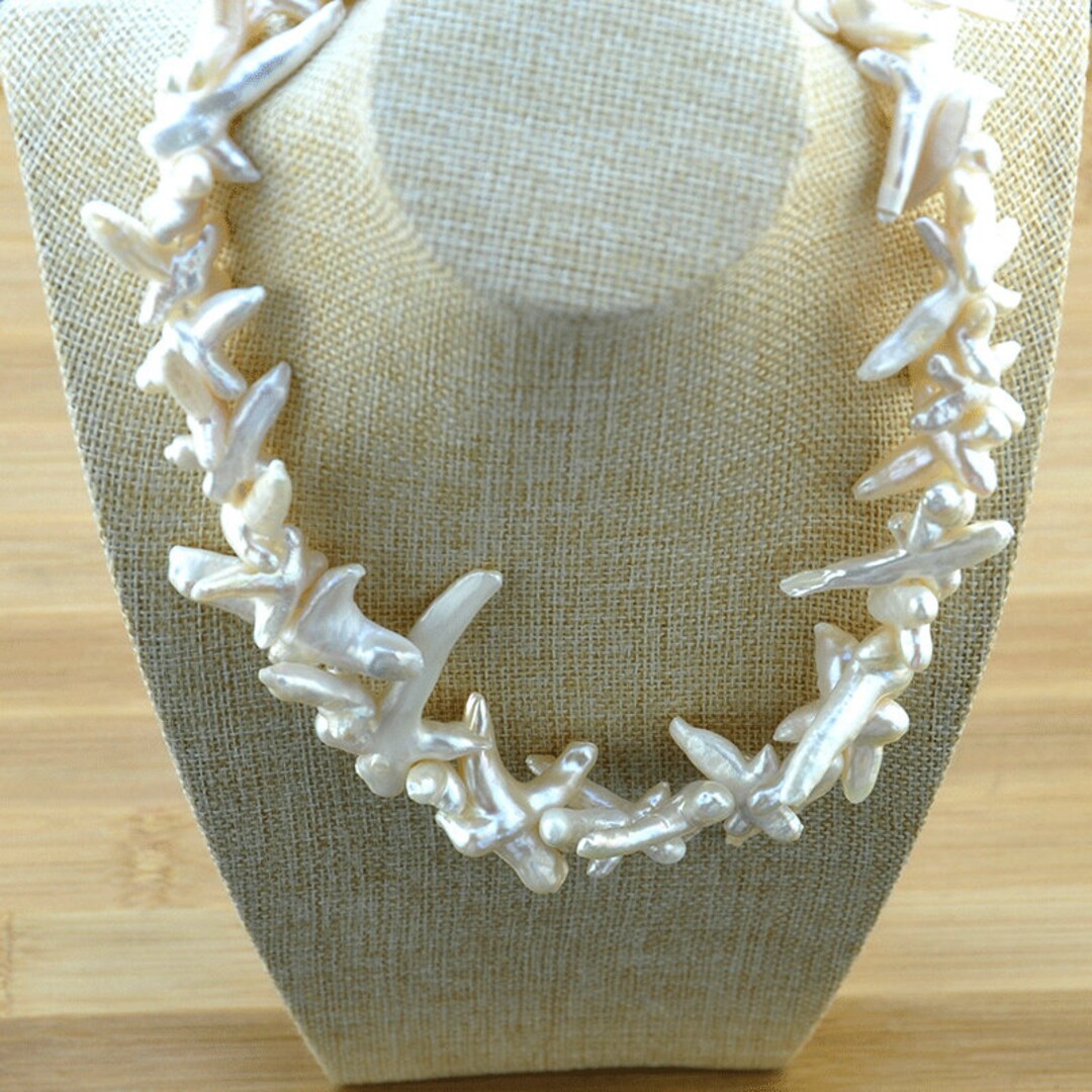 Diagonally Drilled Natural Cross Shaped Natural Biwa Pearl Necklace ...