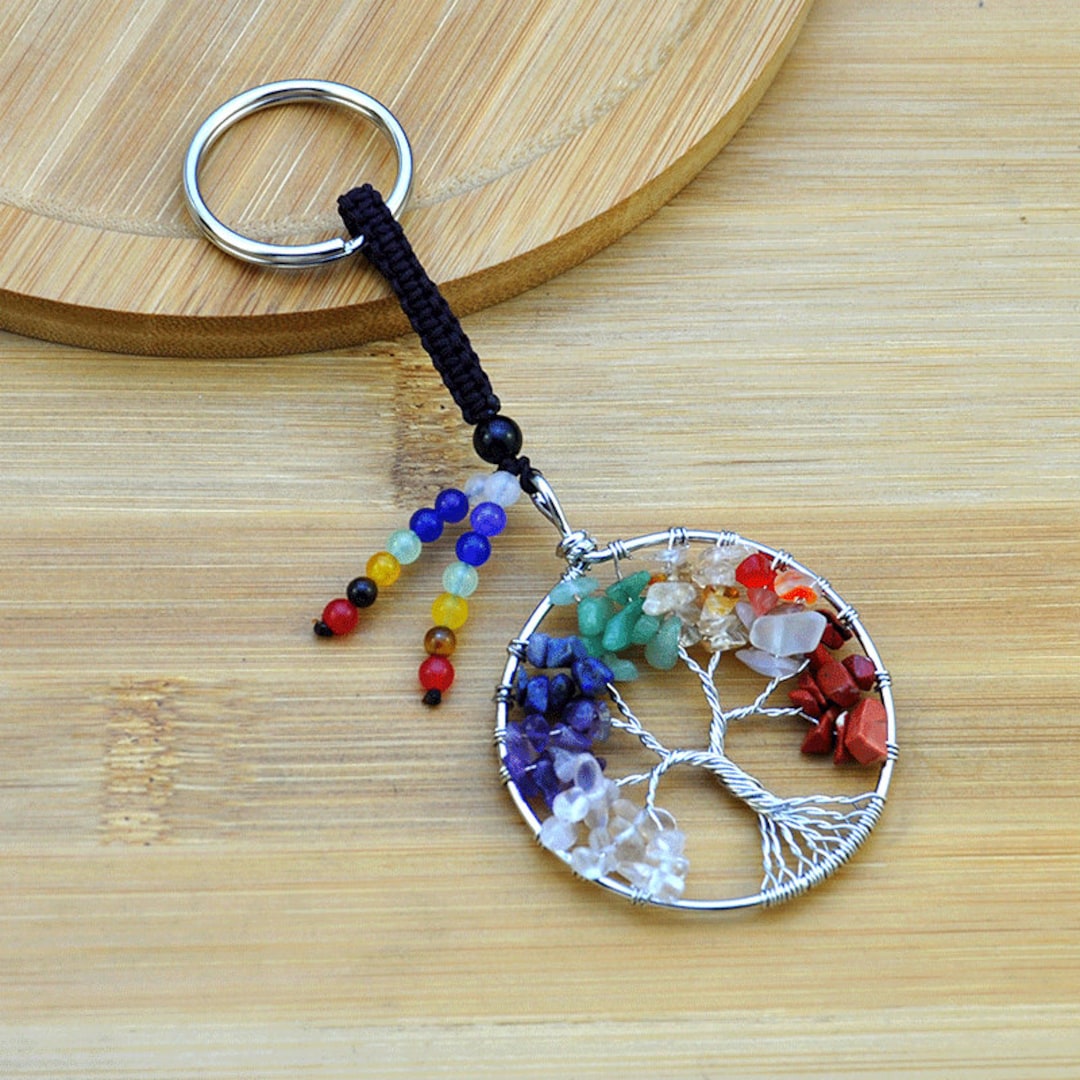 Handmade Seven Color Stone Crystal Tree of Life Keychain, 7 Chakra ...