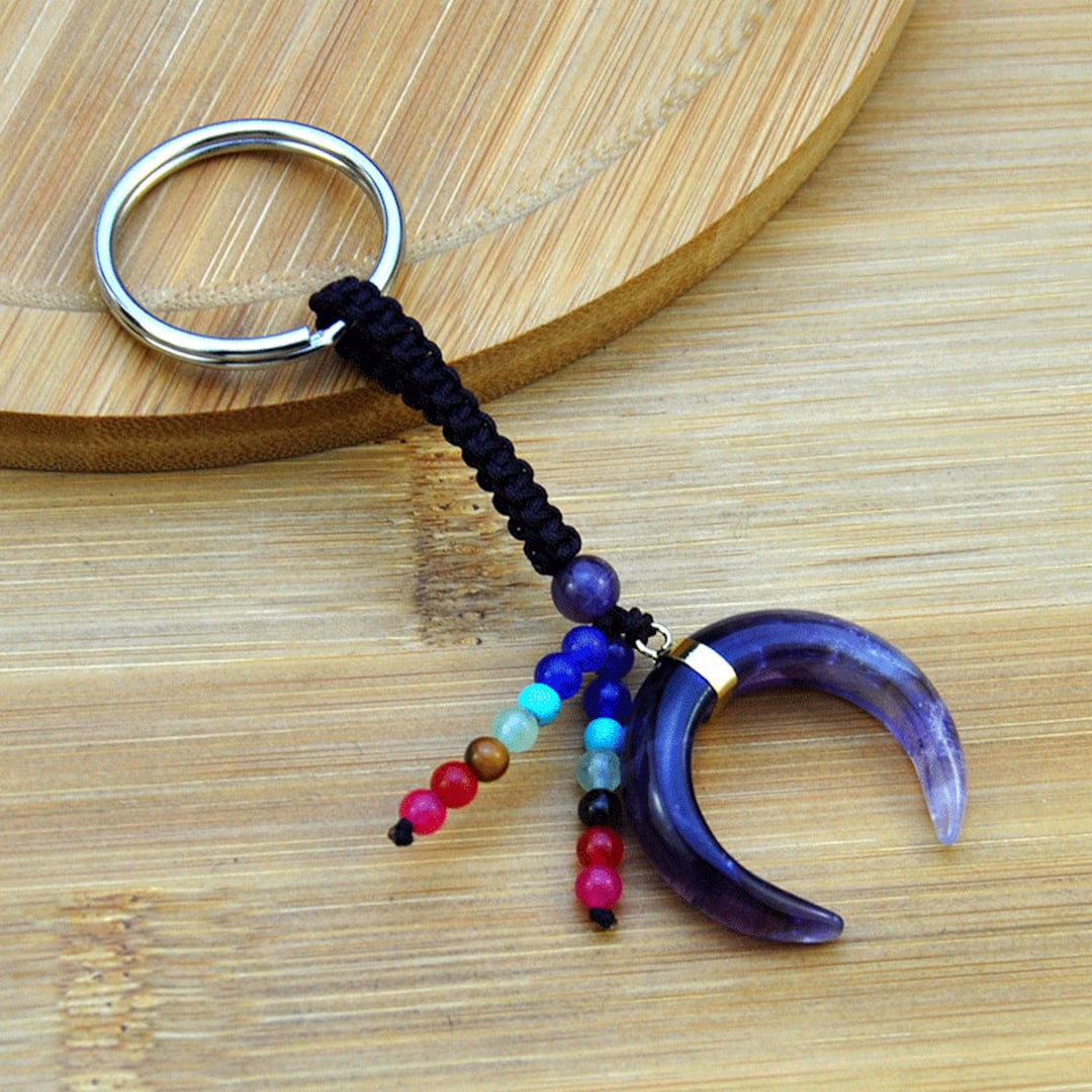 Natural Stone Double Horn Key Chain,chakra Bead Moon Keychain，crescent ...