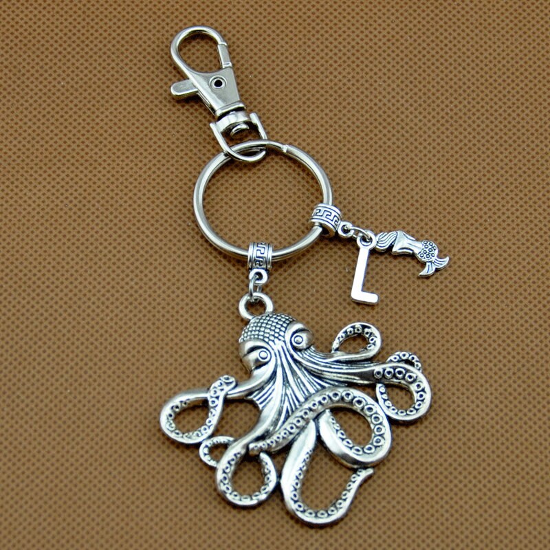 Antique Silver Octopus Keychain Purse Charm Initial | Etsy