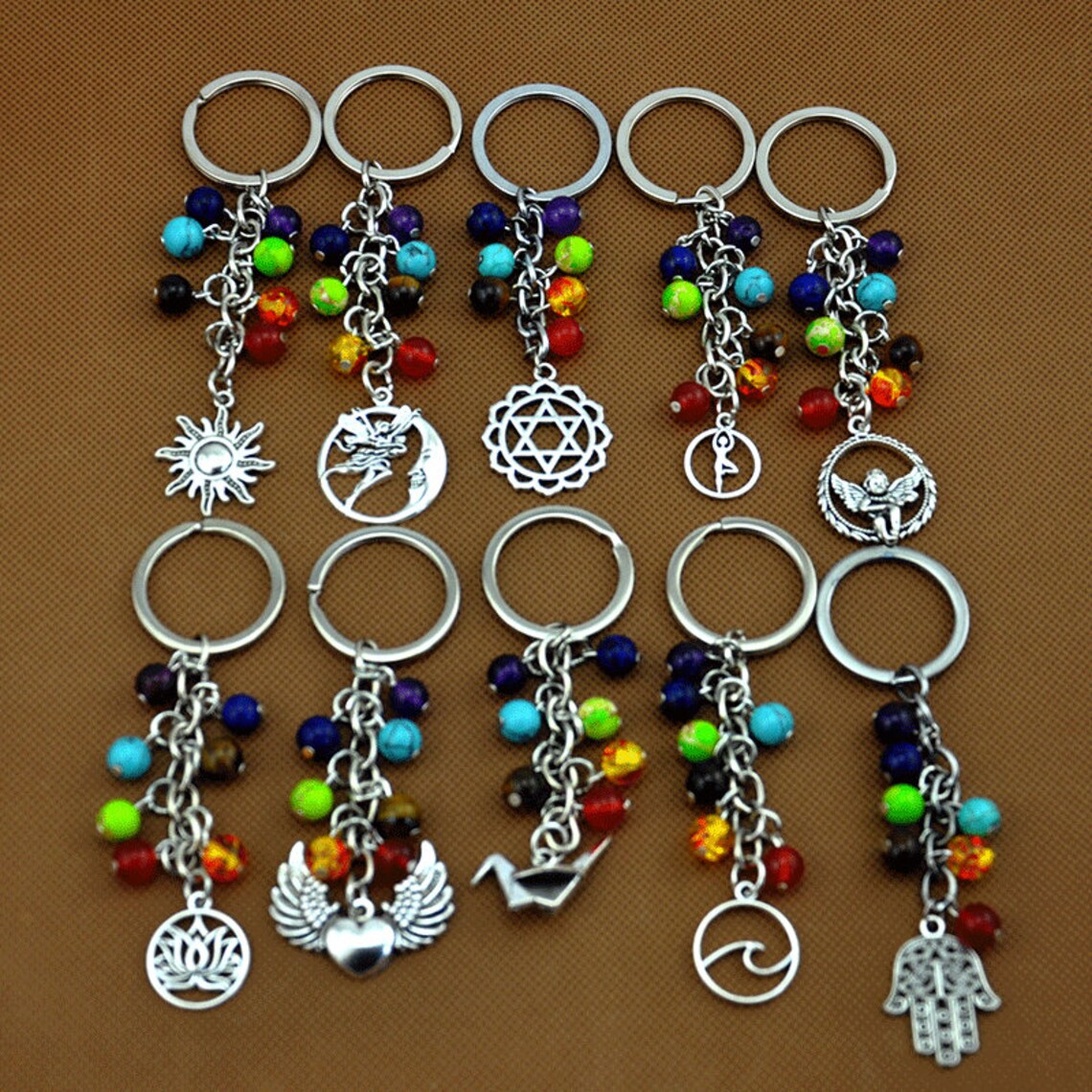 Seven Chakra Keyring,natural 7 Chakra Key Ring ,8mm Handmade Natural ...