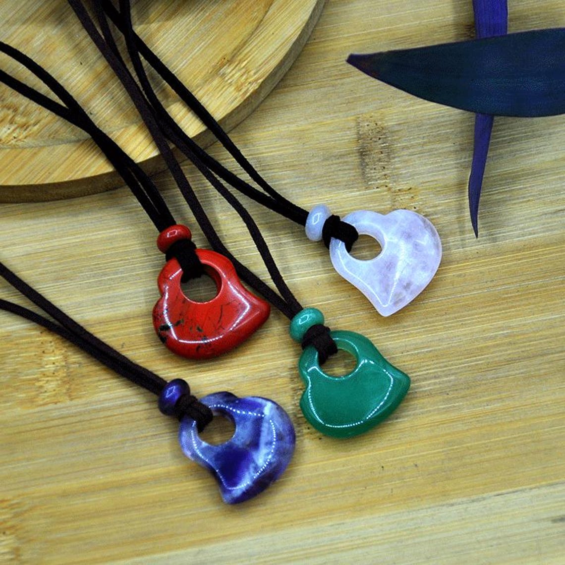 30mm Natural Gemstone Heart Necklace, Amethyst Heart Pendant, Heart ...