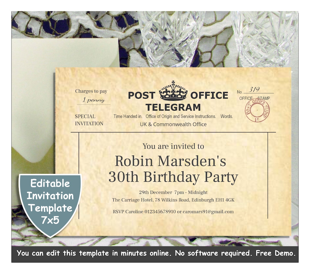 Editable Party Invitation, Vintage Telegram Invitation, Any Age Party ...