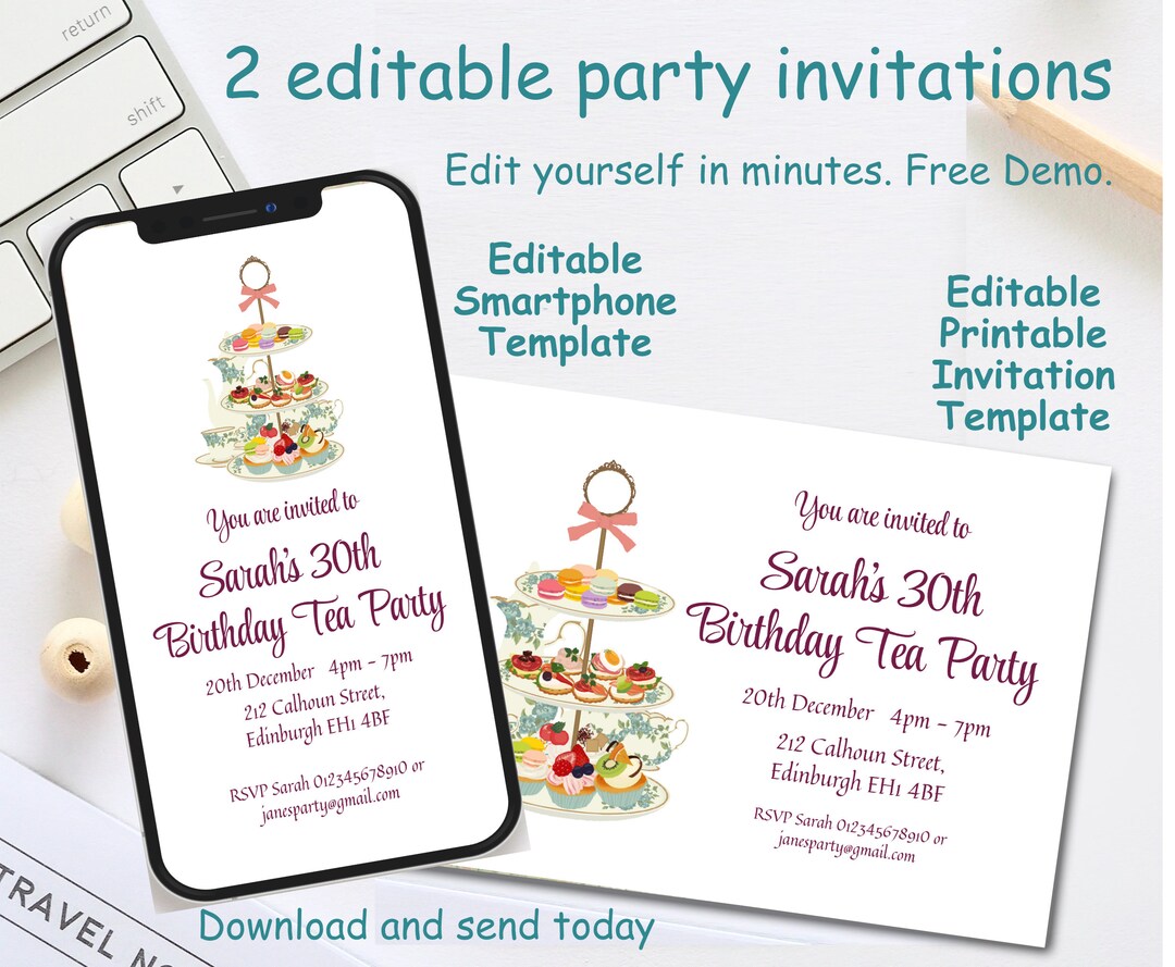 Editable Party Invitation, Textable Tea Party Invitation, Any Age Party ...