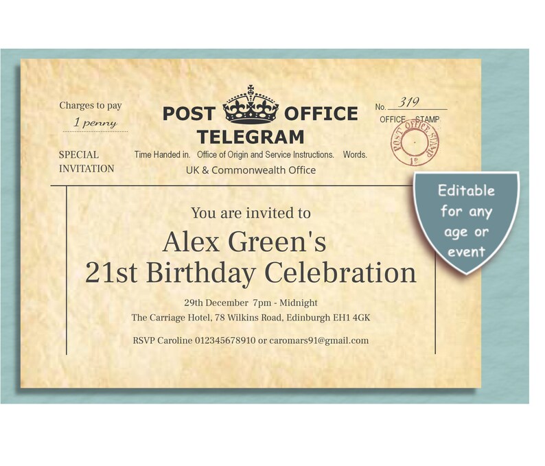 Editable Party Invitation, Vintage Telegram Invitation, Any Age Party ...