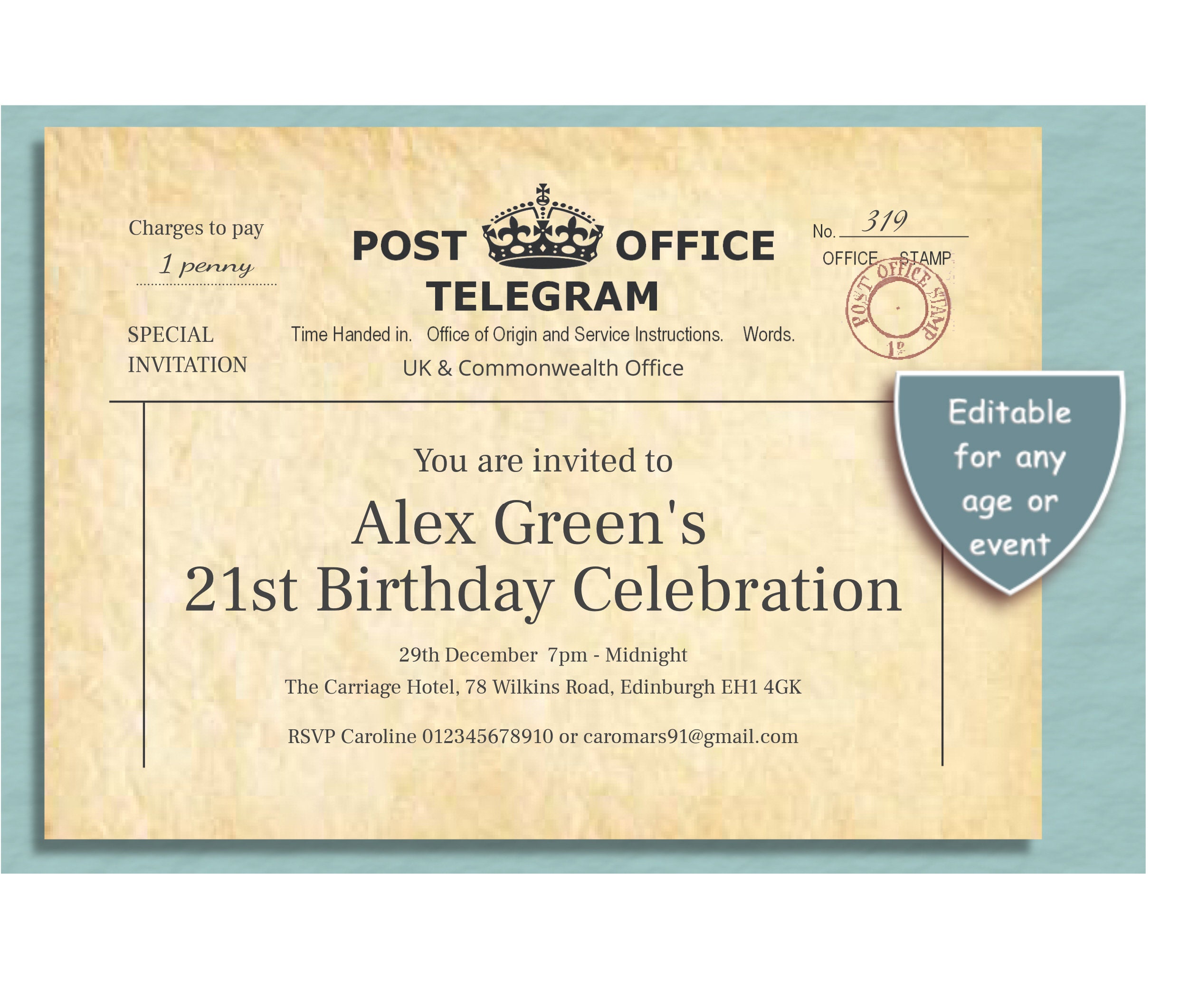 Editable Party Invitation, Vintage Telegram Invitation, Any Age Party ...