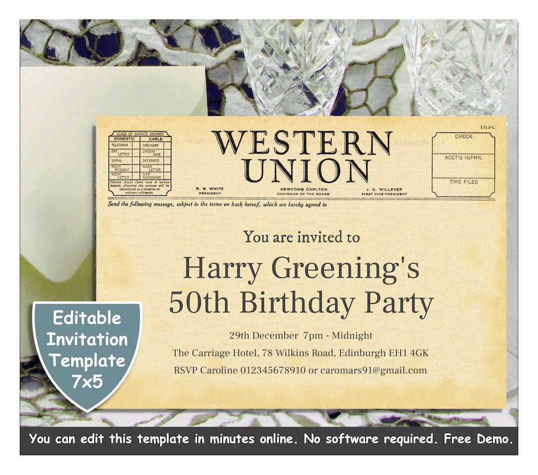 Editable Party Invitation, Vintage Telegram Invitation, Any Age Party ...