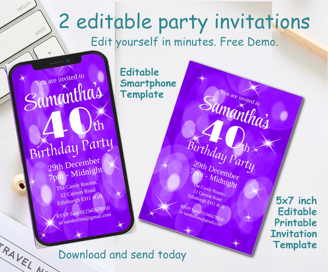 Editable Party Invitation, Sparkly Purple Party Invitation, Any Age ...