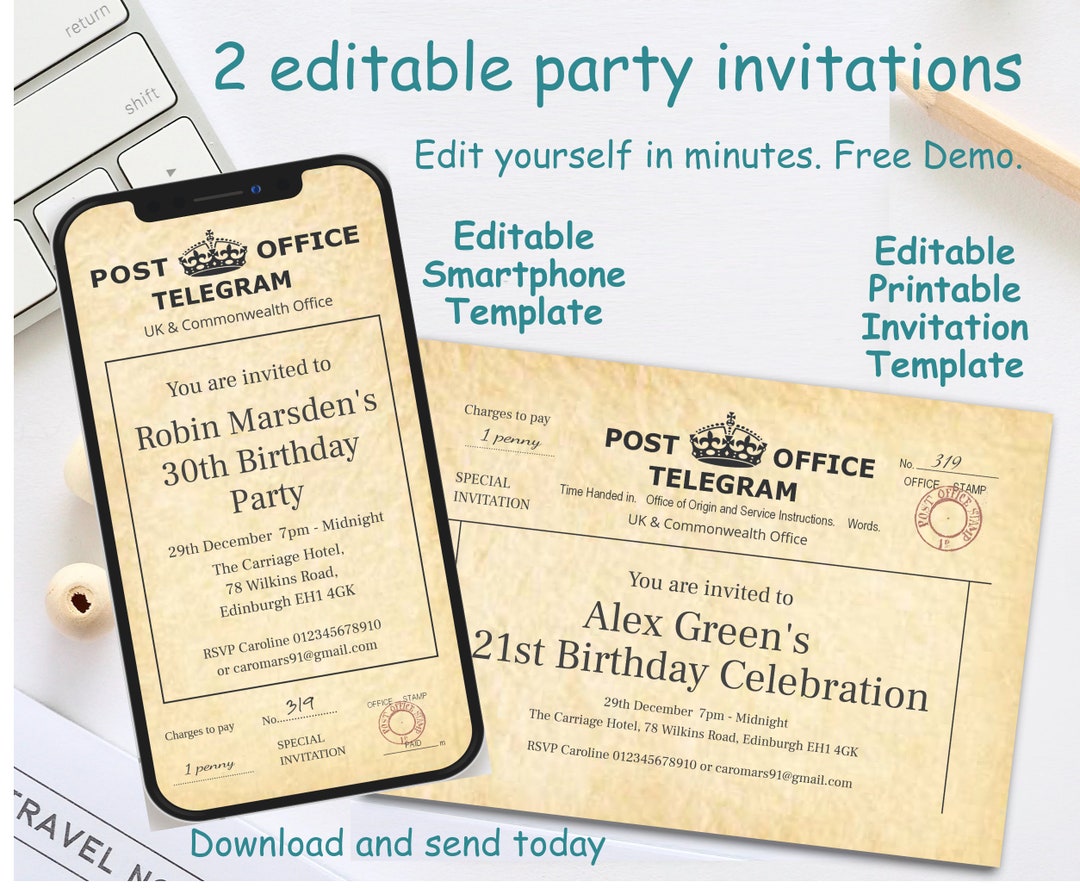 Editable Party Invitation Vintage Telegram Invitation Any - Etsy Australia