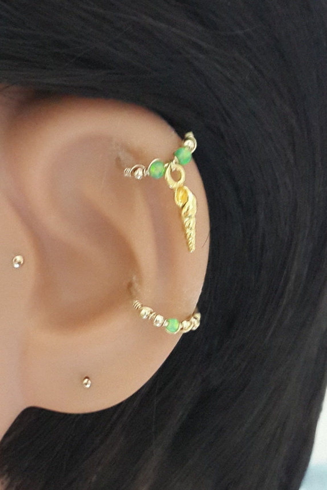 Gold Filled Sea Shell Cartilage Hoop, Kiwi Opal Helix Piercing,22-16 ...