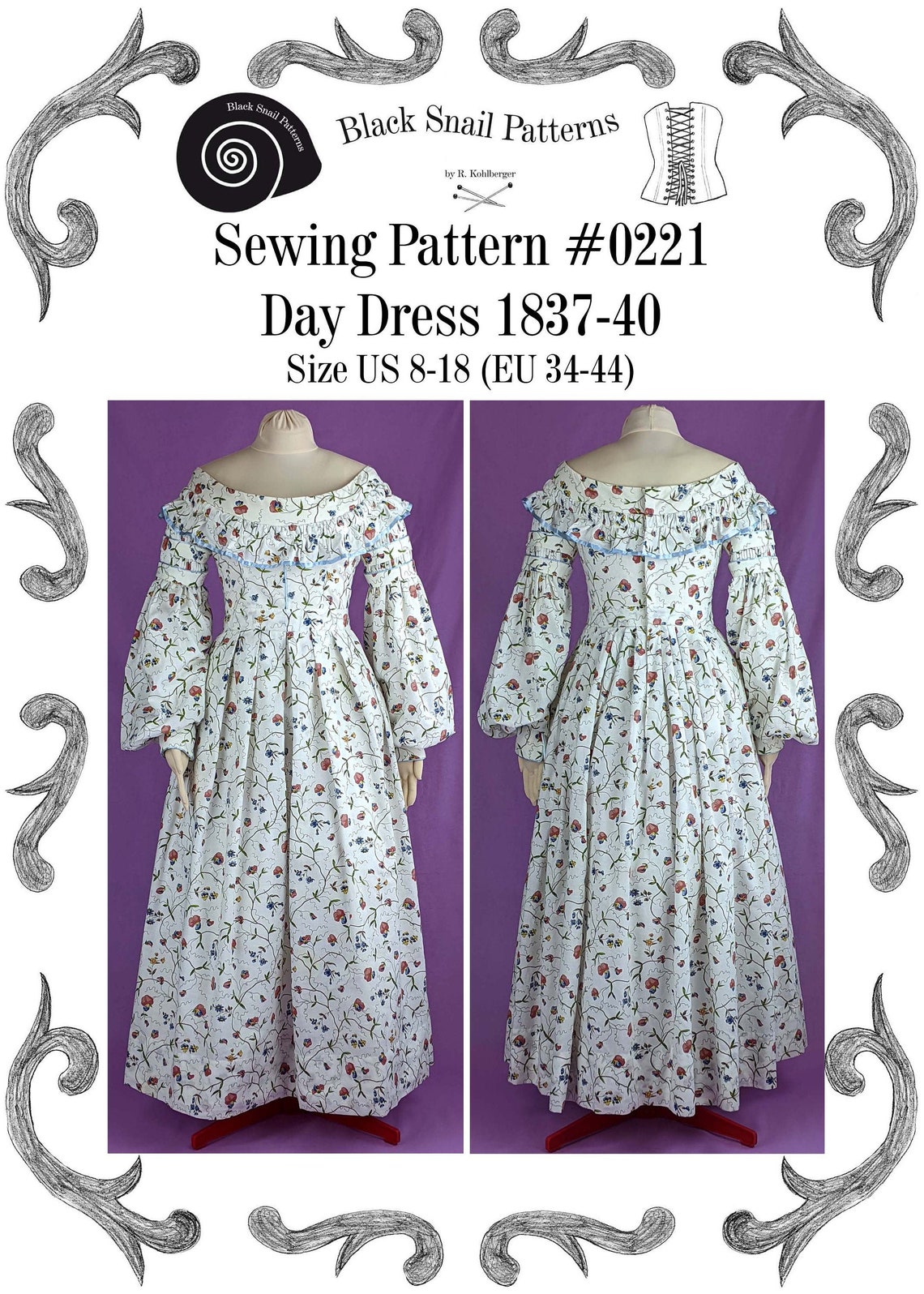 Day Dress 1837-40 Sewing Pattern 0221 Size US 8-30 EU 34-56 - Etsy