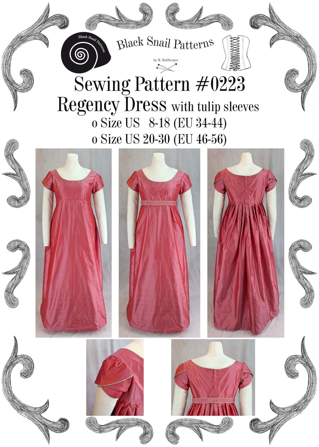 Regency Dress With Tulip Sleeves Sewing Pattern #0223 Size US 8-30 (EU ...