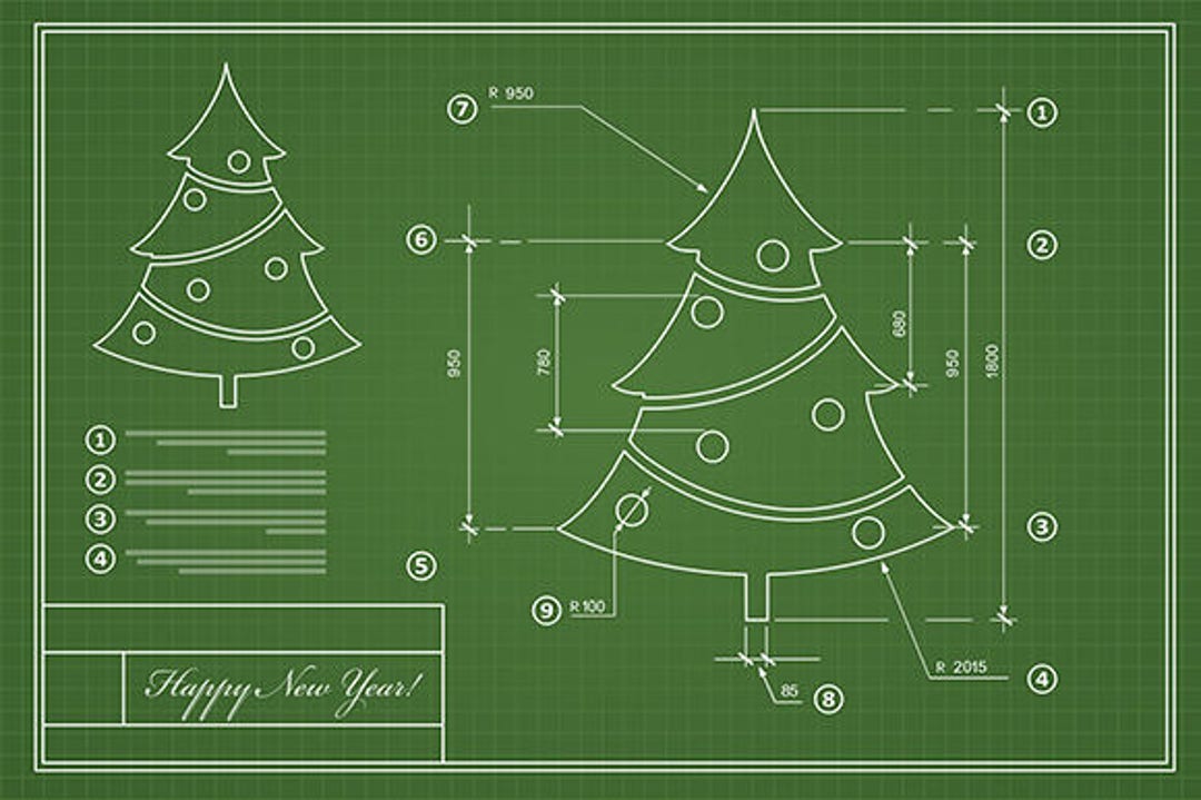 Christmas Tree Blueprint Postcard: New Year Card (digital Download) - Etsy