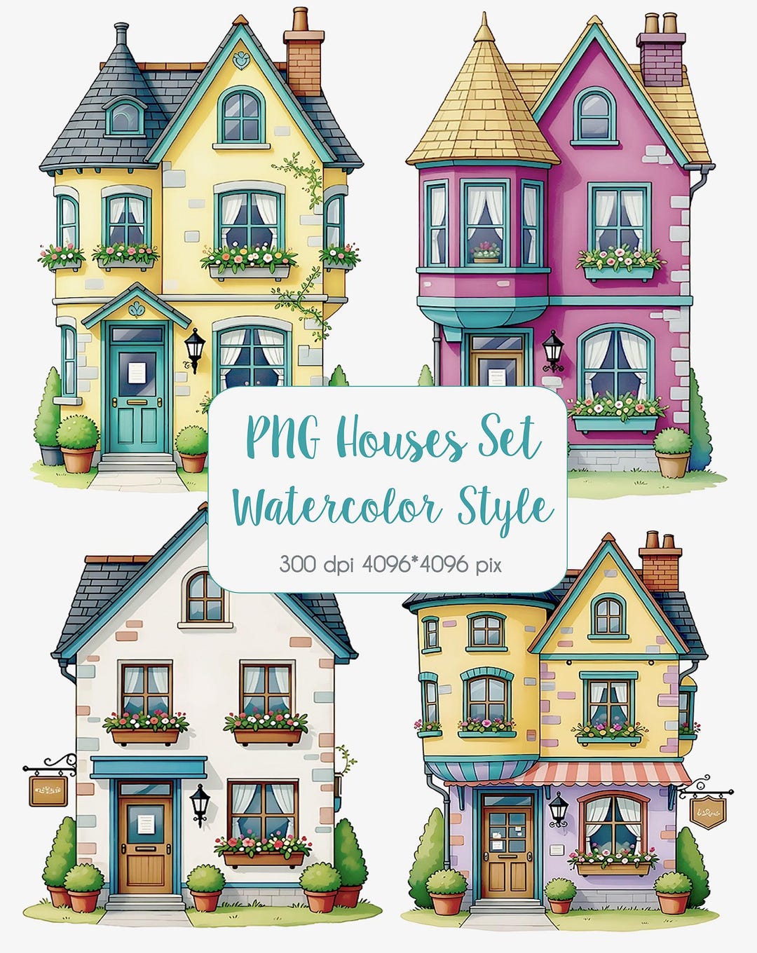 Watercolor Houses Clipart Set, PNG JPG, Digital Download - Etsy