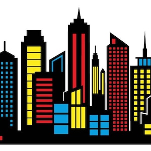 Vibrant City Skylines Superhero Set and Modern Architecture Striking ...