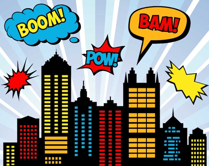 City Skyline Clipart: Superhero Buildings Silhouette (PNG SVG PDF ...