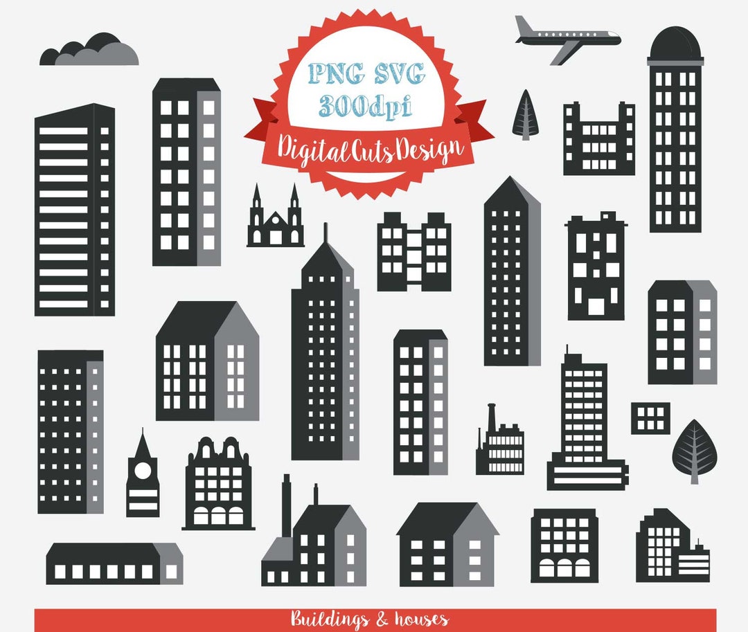 Buildings Silhouette Printables Clipart Collection PNG Graphics Set for ...