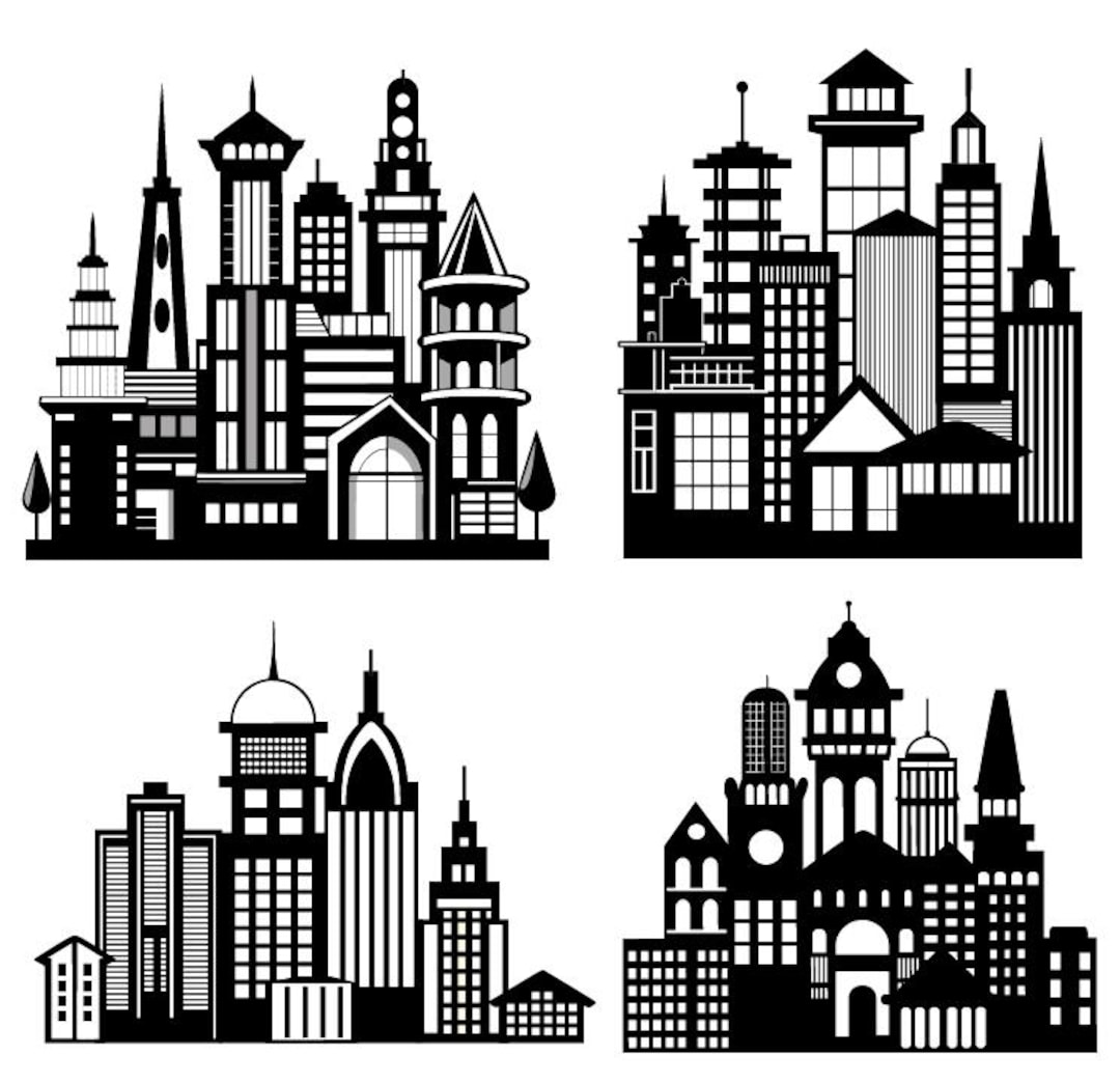 City Skyline Clipart Set: Superhero Buildings Silhouette (PNG, SVG, PDF ...