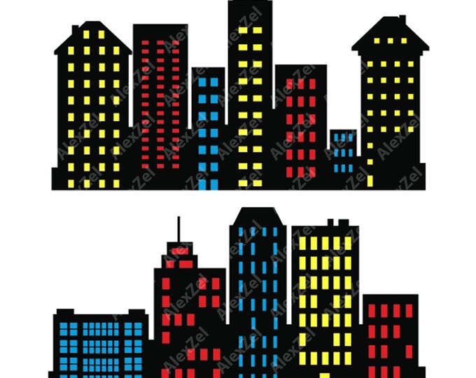 City Buildings Clip Art, Red Blue Yellow. Superhero City Skyline ...