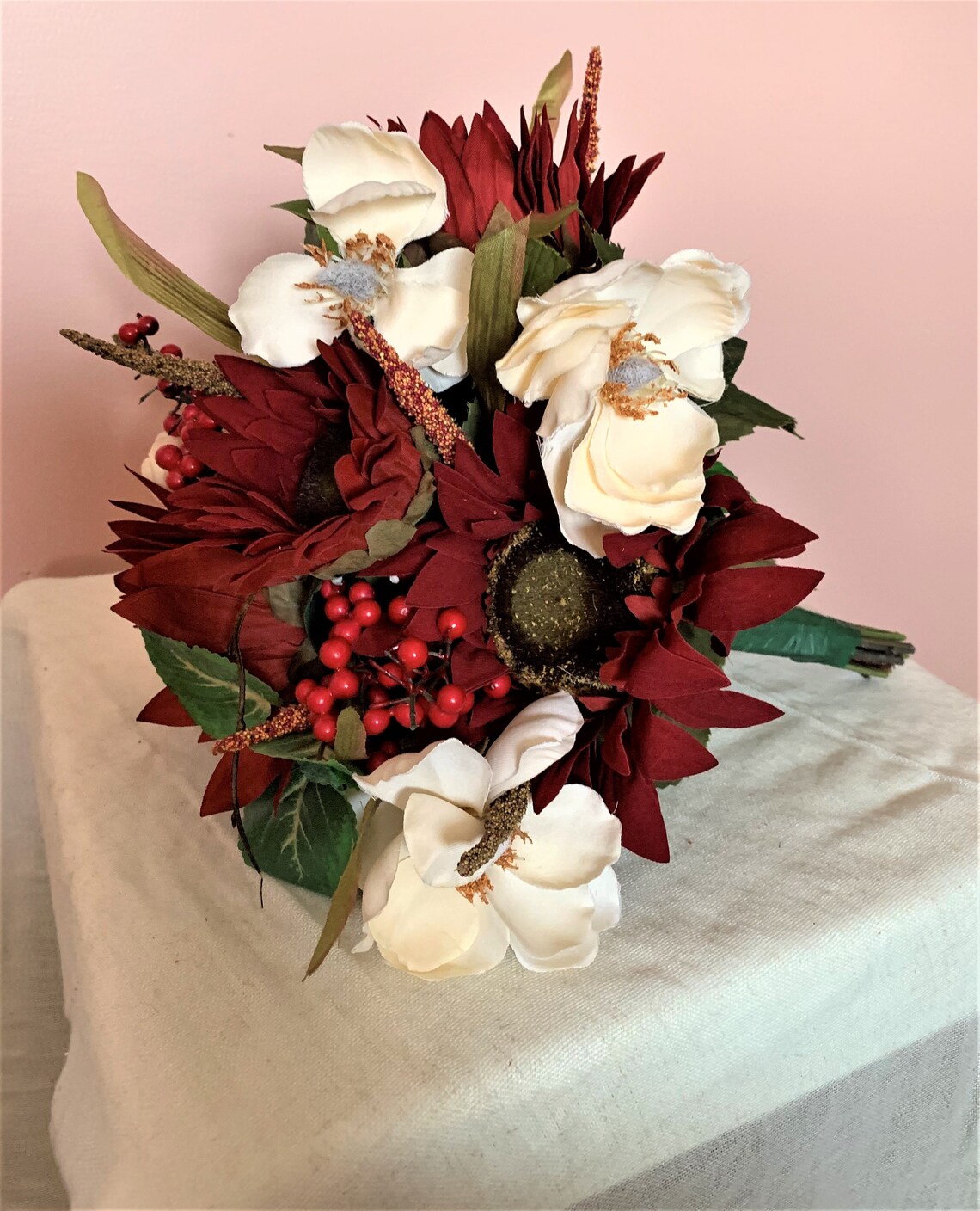 Red Sunflower and Magnolia Silk Flower Wedding Bouquet - Etsy
