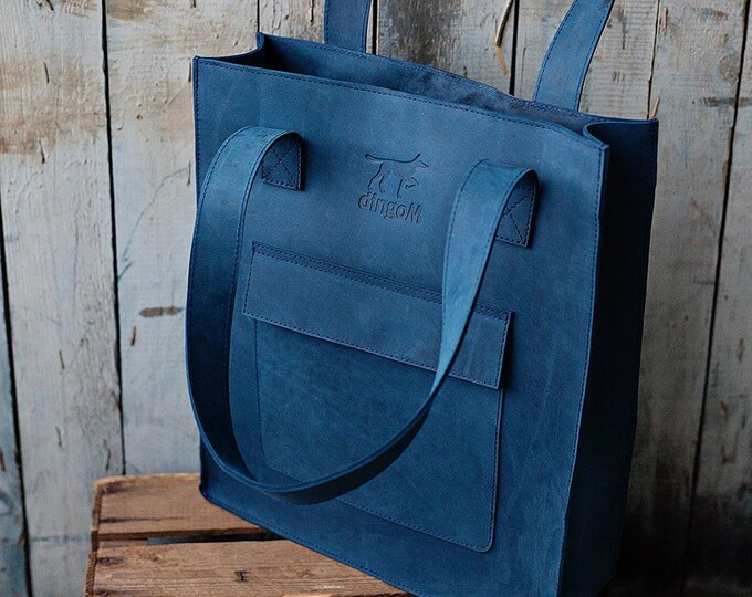 Blue Leather Tote Bag With Front Pocket, Minimalist Exclusive Ladies ...