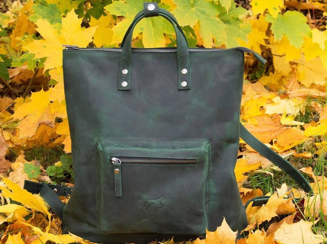 Green Leather Backpack Purse Minimalist Style With Zipper /green ...