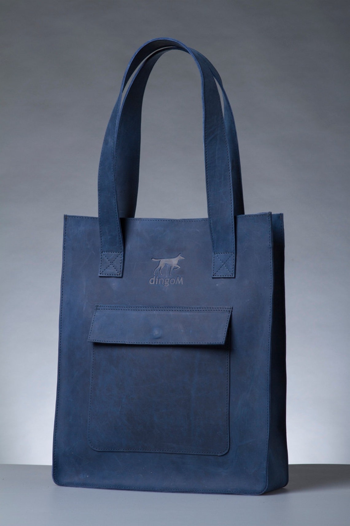 Blue Leather Tote Bag With Front Pocket - Etsy