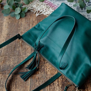 Extra Large Green Leather Shoulder Bag With Zipper, Lightweight Plus ...