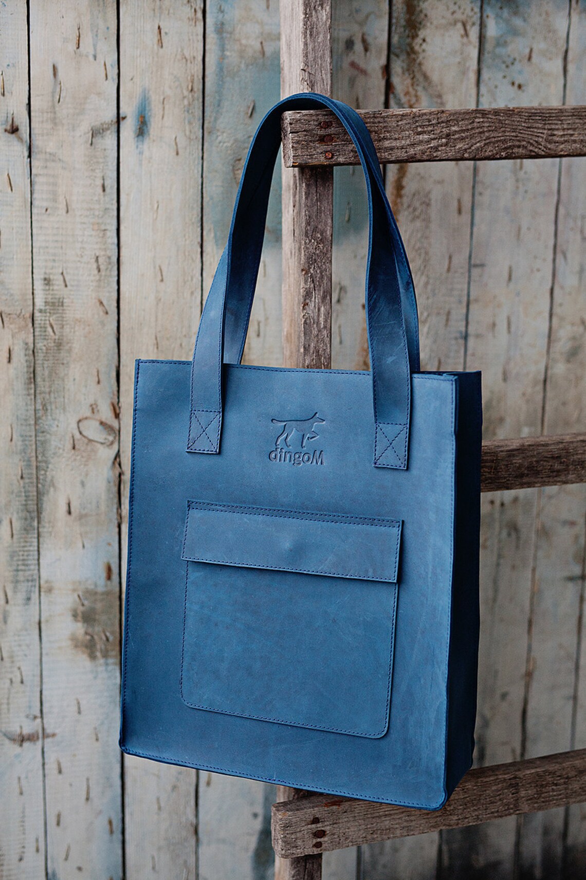 Blue Leather Tote Bag With Front Pocket - Etsy