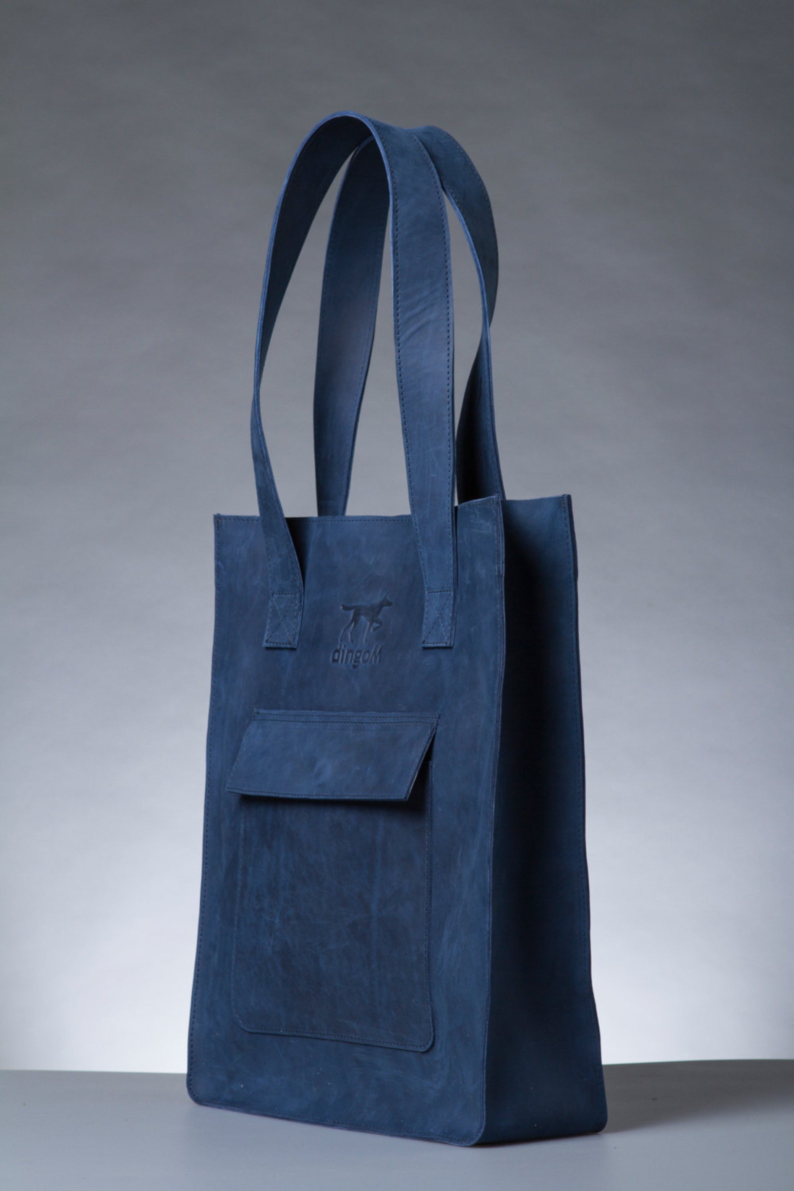Blue Leather Tote Bag With Front Pocket - Etsy