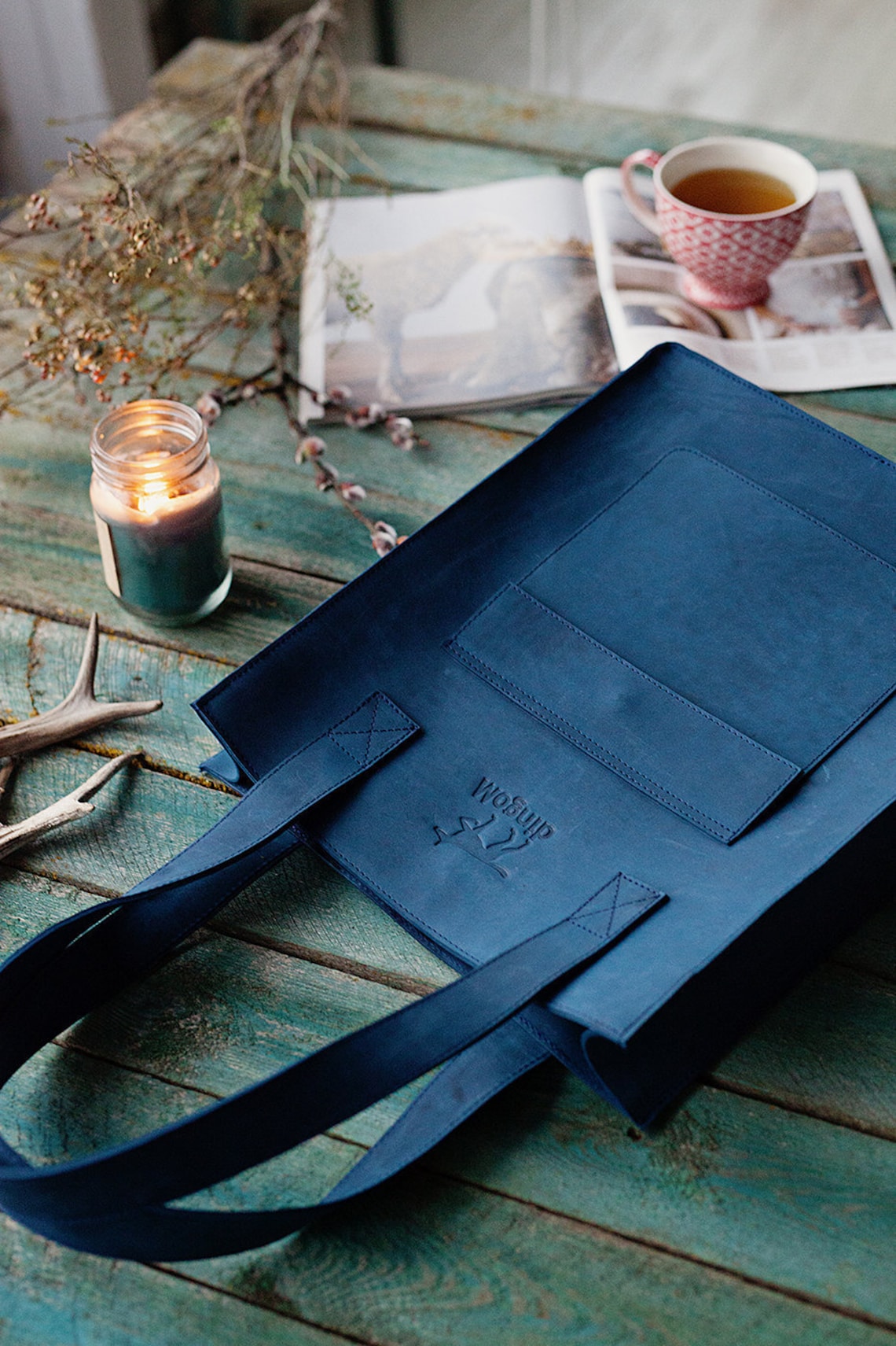 Blue Leather Tote Bag With Front Pocket - Etsy