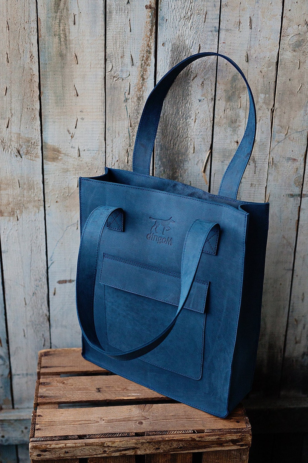 Blue Leather Tote Bag With Front Pocket, Minimalist Exclusive Ladies ...