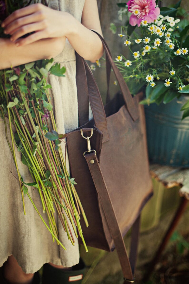Brown leather cross body tote bag/ spring bag/ handmade | Etsy