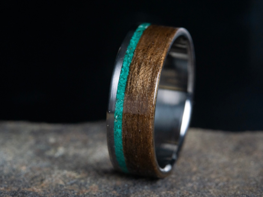Walnut Wood and Malachite Wedding Ring Band, Woodsman's Ring, Black ...