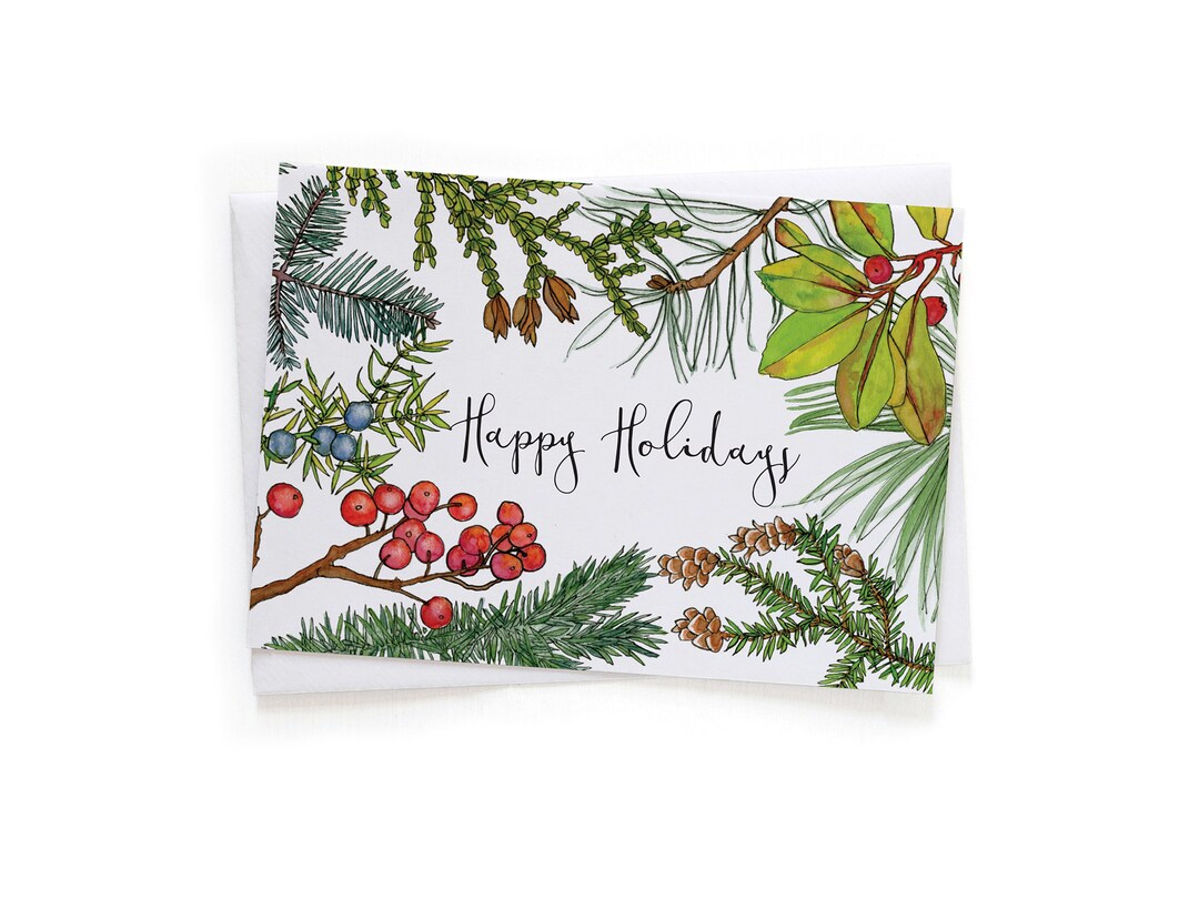 NEW Set of Six Cards: Happy Holiday Evergreen Tree Botanical Card ...