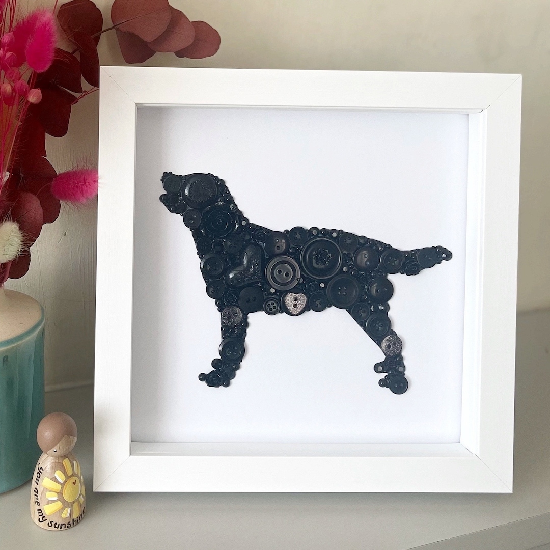 Black Labrador Pet Portrait, Pet Button Art, Framed Dog Artwork, Dog ...