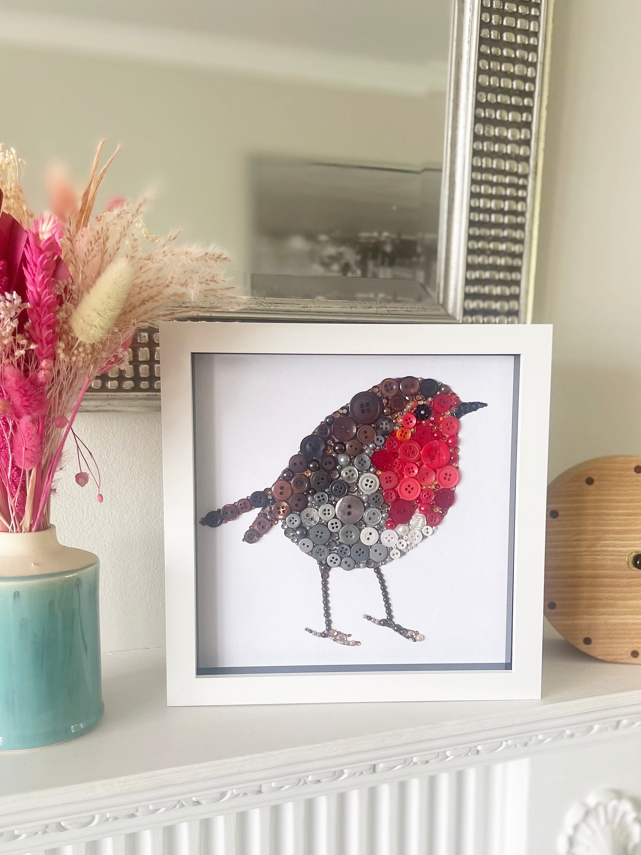 Framed Robin Button Art, Framed Robin Picture, Handmade Bird Artwork ...