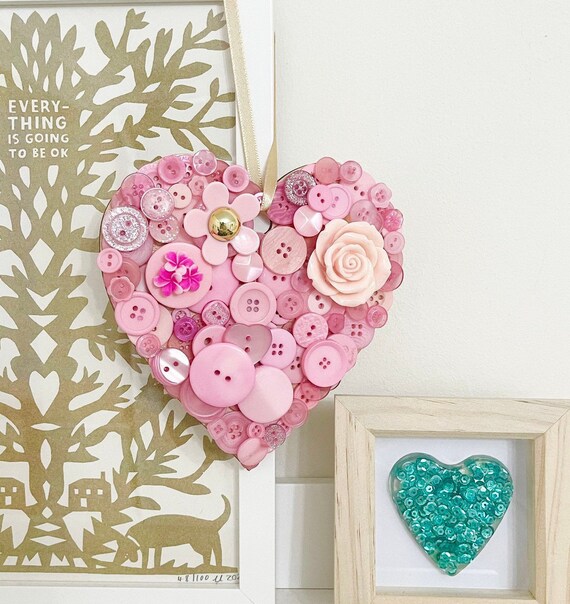Hanging Heart Button Art Shabby Chic Heart Wall Decor Pink - Etsy